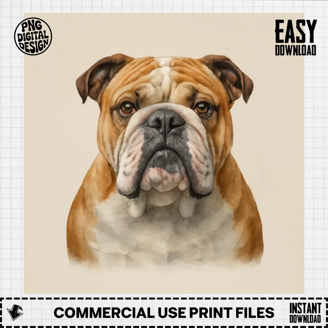 Bulldog Digital PNG, Dog Art Print, Pet Portrait Image, Animal Lover ...