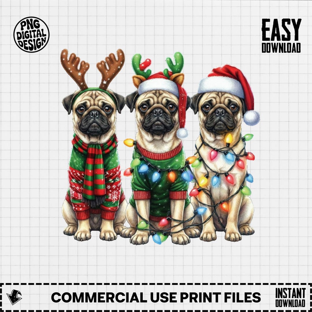Christmas Pugs PNG, Holiday Dogs Digital Art, Reindeer Pugs, Festive ...