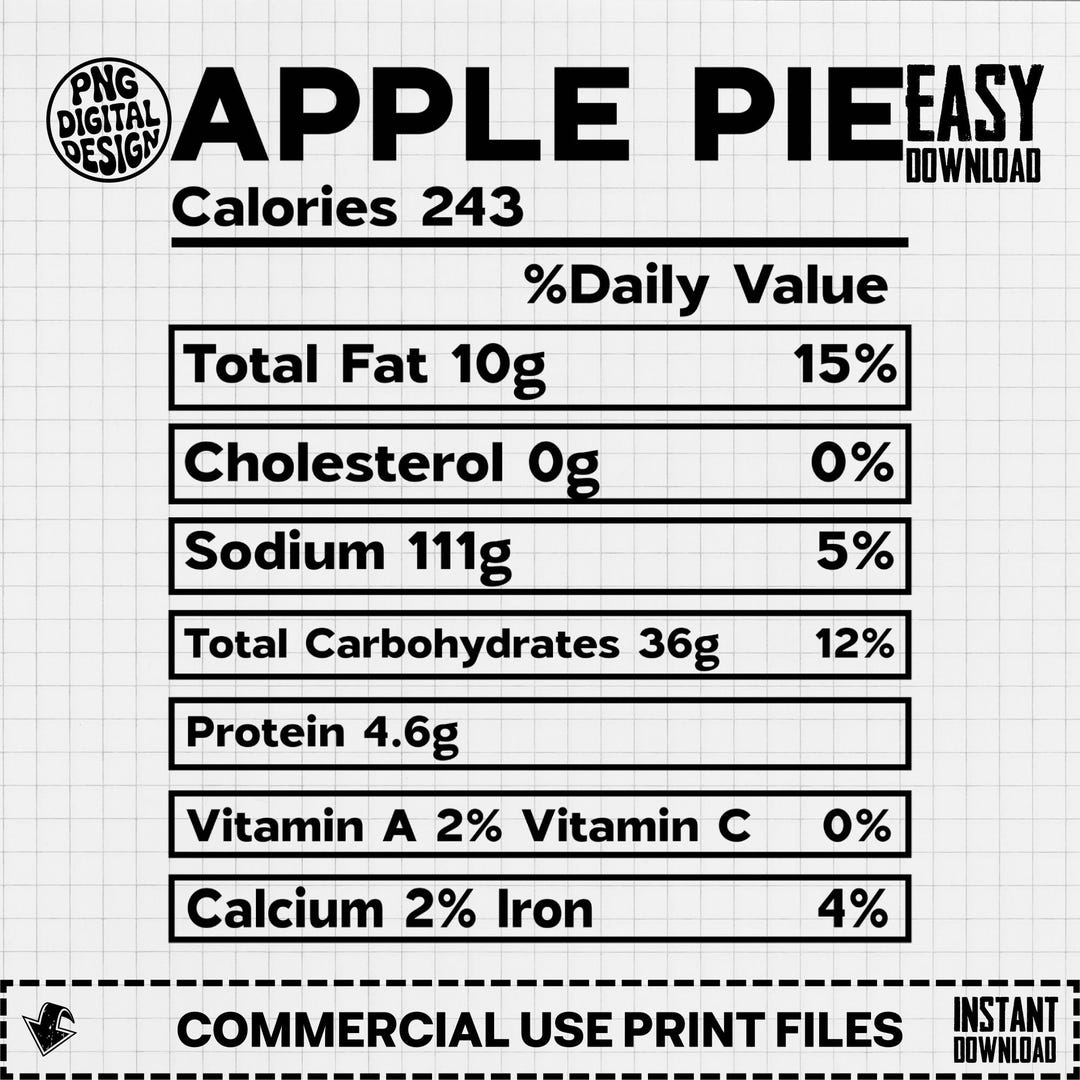 Apple Pie Nutrition Facts Digital PNG, Funny Food Label Graphic ...