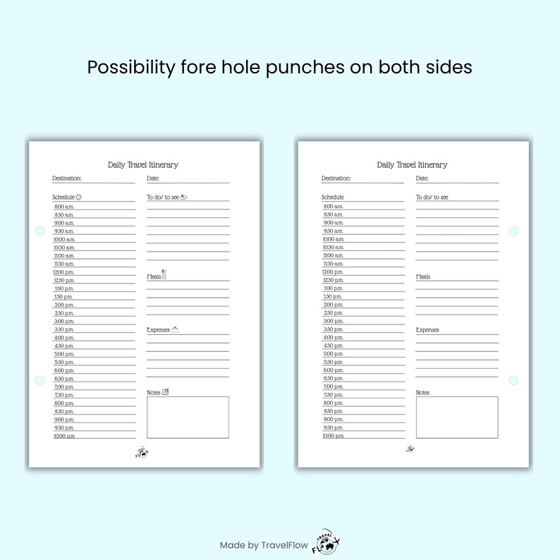 Printable Travel Planner | Daily Itinerary | A4 A5 US Letter | 12 Hour ...