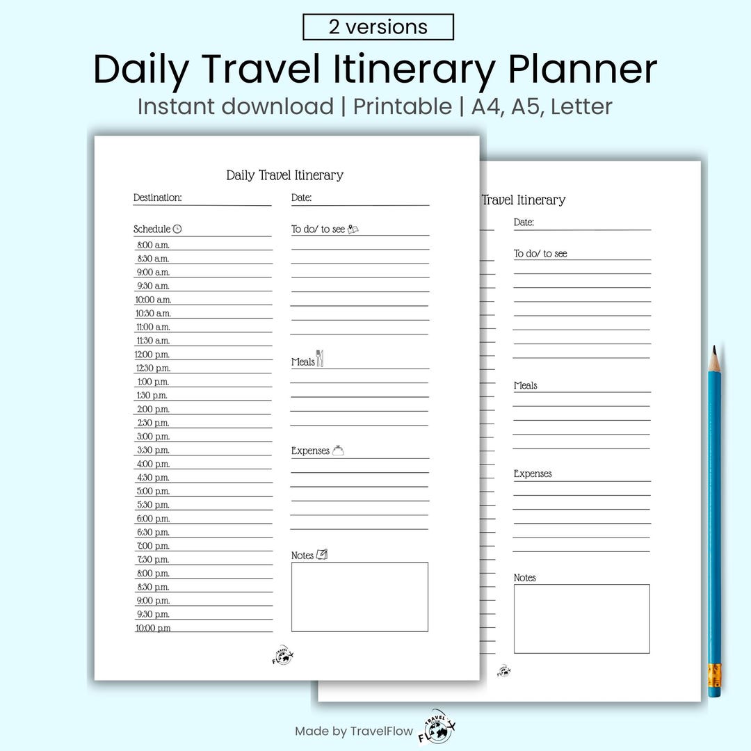 Printable Travel Planner | Daily Itinerary | A4 A5 US Letter | 12 Hour ...