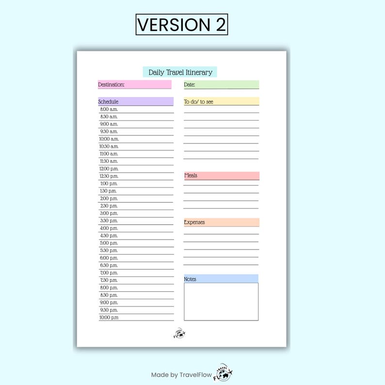 Printable Travel Planner | Daily Itinerary | A4 A5 US Letter | 12 Hour ...