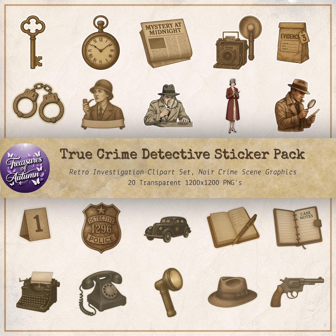 True Crime Detective Sticker Pack – Retro Investigation Clipart Set ...