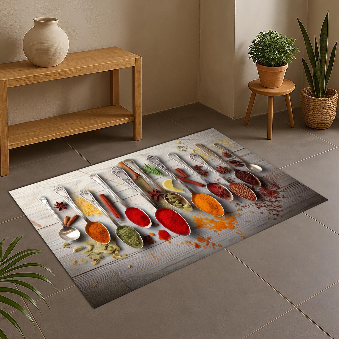 White Wood Spice Kitchen Rug, Modern Kitchen Mat, Chef Cooking Rug ...