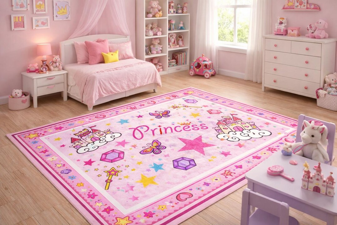 Princess Kids Rug – Pink Fairy Tale Castle Area Rug for Girls Bedroom ...