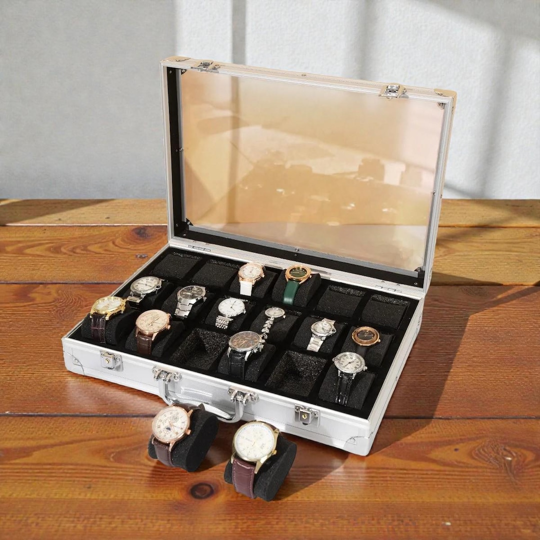 High Capacity 18 Slot Aluminum Watch Box | Secure Metal Display Case ...