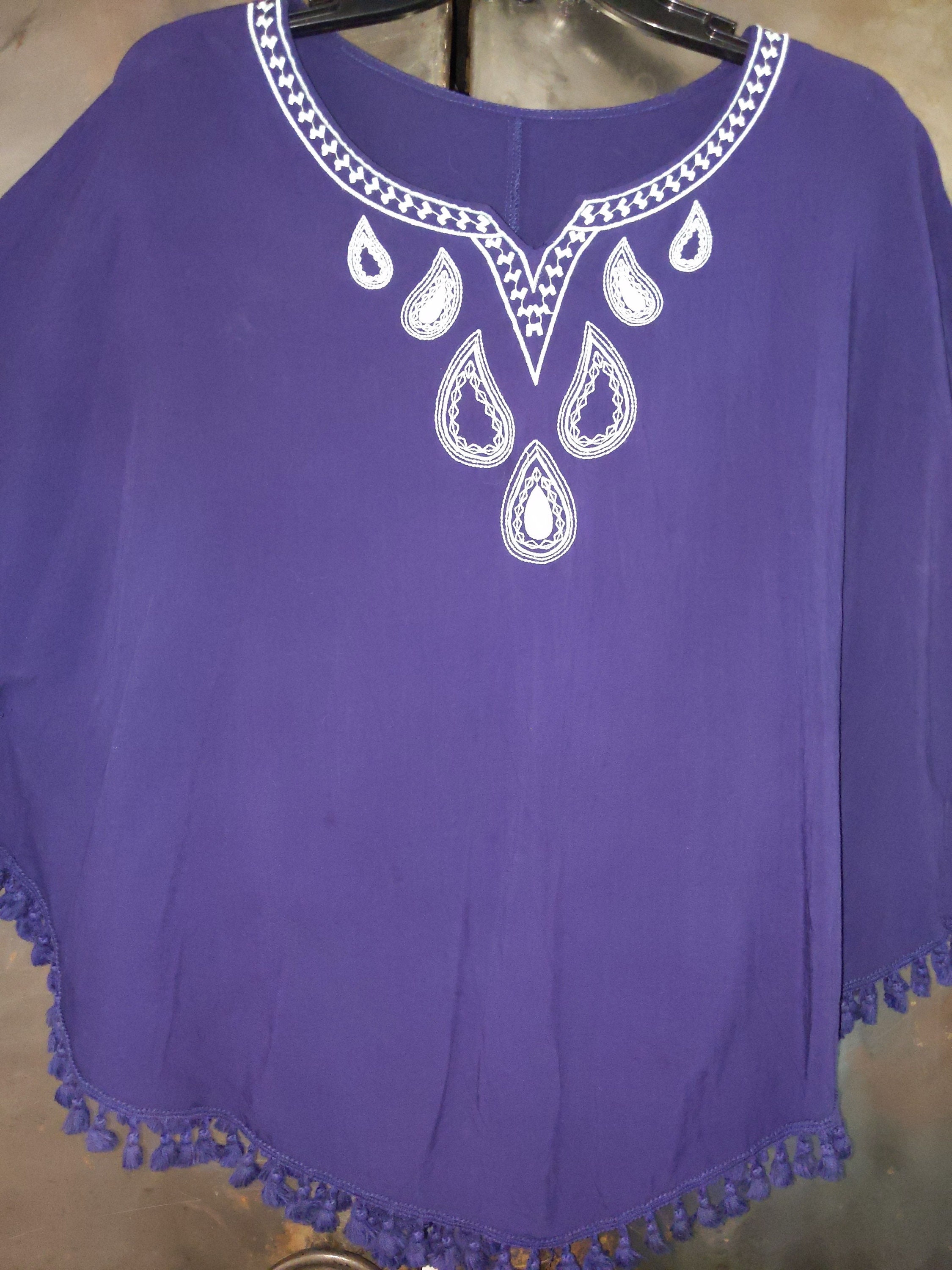 Pretty Poncho Top M Royal Navy Soft Breathable Rayon Embroidered Fringe ...
