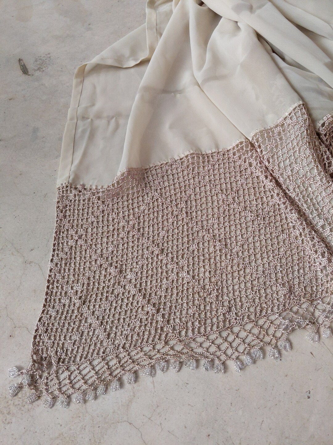 Huge 6 Plus Feet Vintage Beaded Drapery Window Scarf Valance Soft Sheer ...