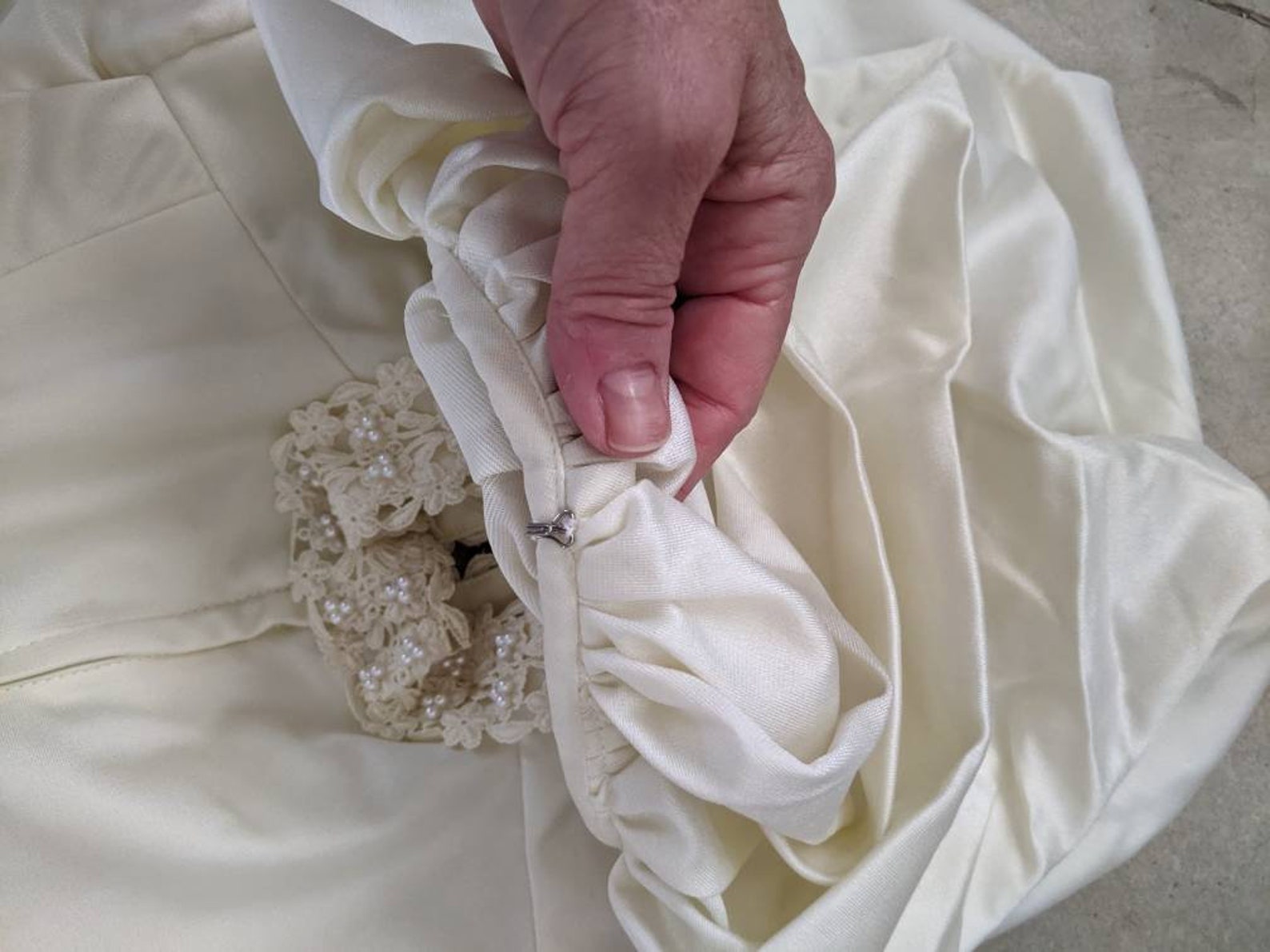 VTG Cream Beaded Wedding Dress S Minimalist Hooded Cape Train Puritan ...