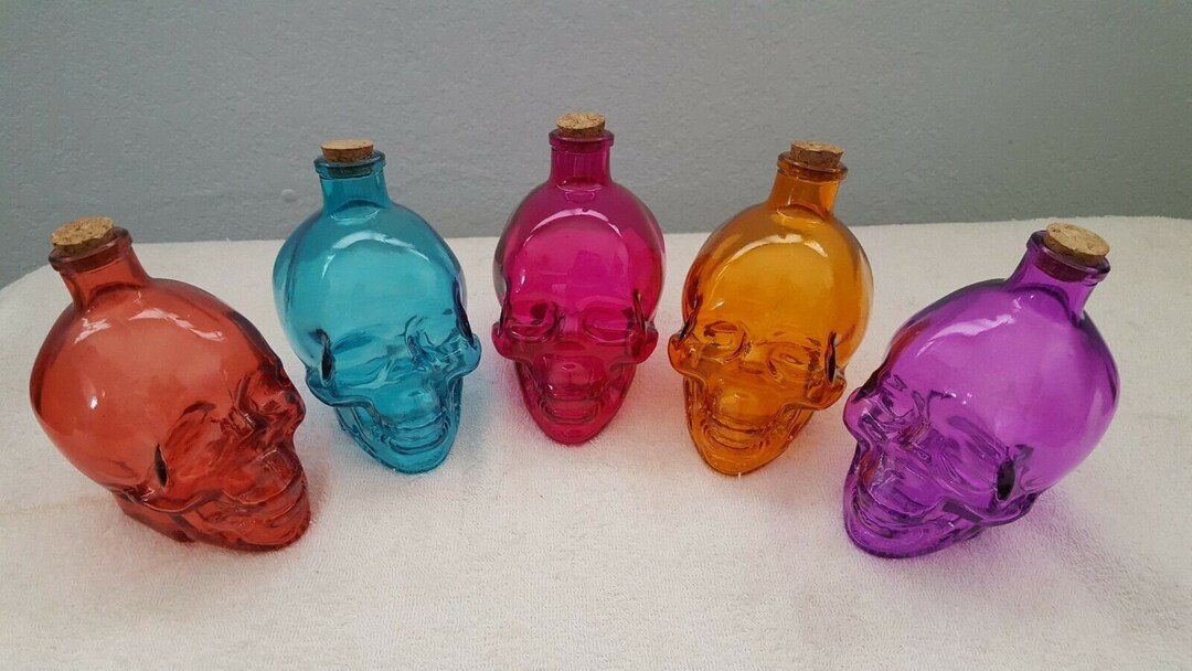 BIG 5 Inch Glass Skull Apothecary Jar Lot Occult Bottle Halloween Decanter Skeleton Flask Poison ...