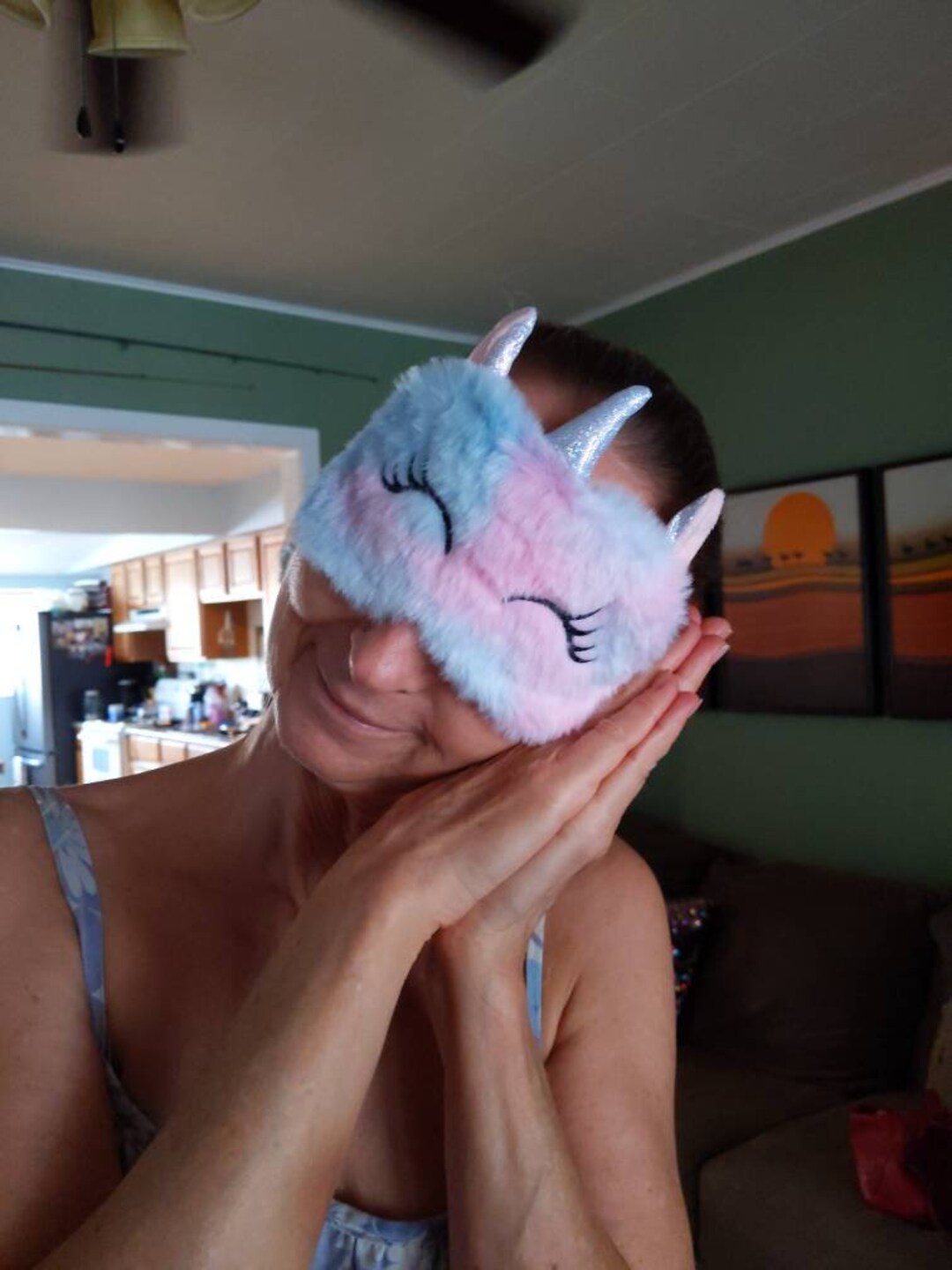 Plush Sleep Mask Unicorn or Kitty Cat Rainbow Purple Embroidered Soft ...