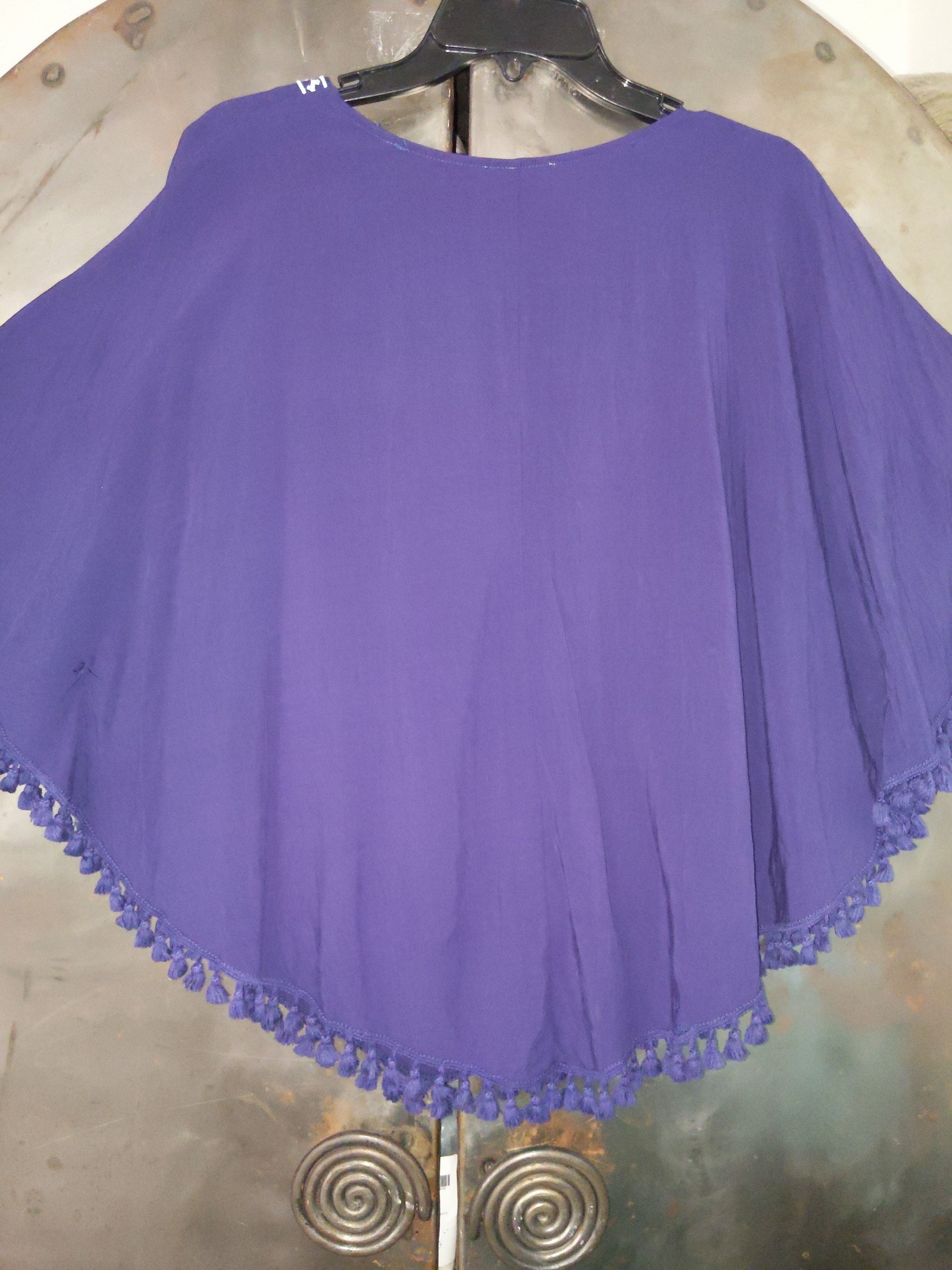 Pretty Poncho Top M Royal Navy Soft Breathable Rayon Embroidered Fringe ...