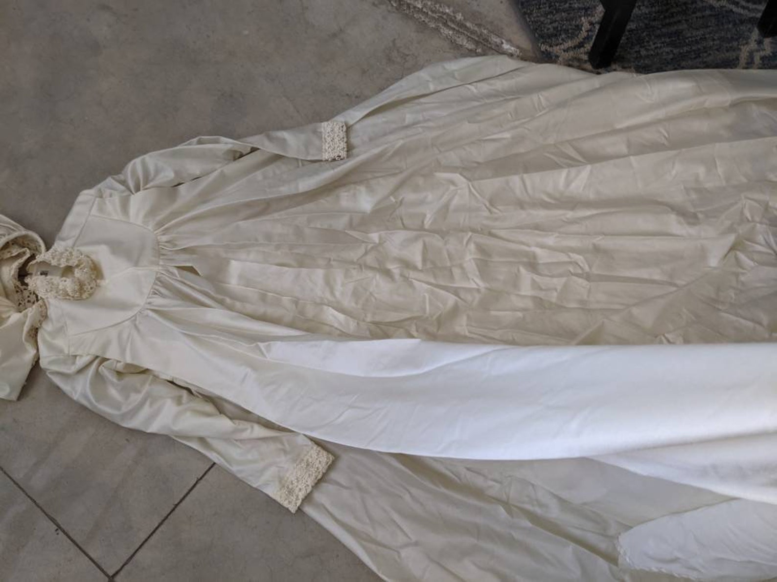 VTG Cream Beaded Wedding Dress S Minimalist Hooded Cape Train Puritan ...