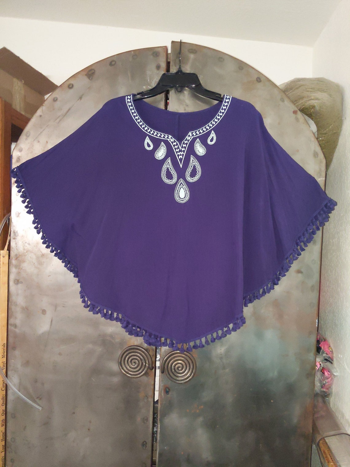 Pretty Poncho Top M Royal Navy Soft Breathable Rayon Embroidered Fringe ...