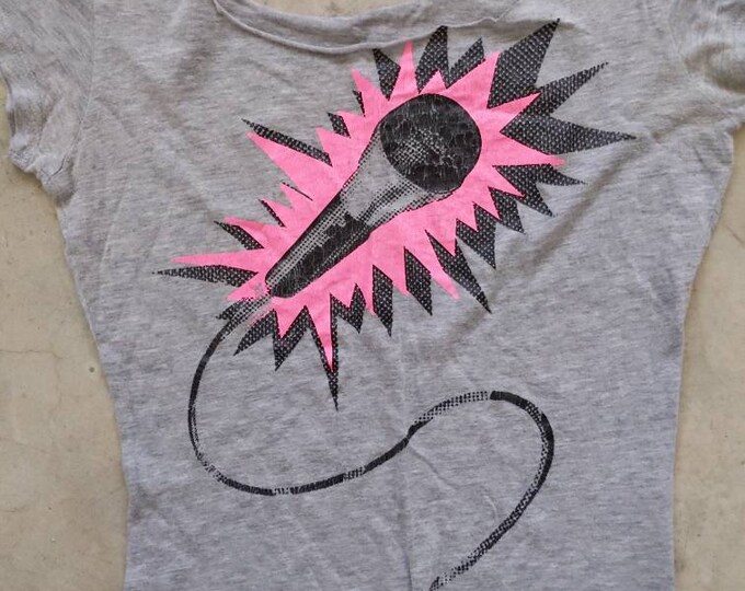 Vintage Retro Y2K T Shirt S-M Microphone Hot Pink Gray Cut Neck Hip Hop ...