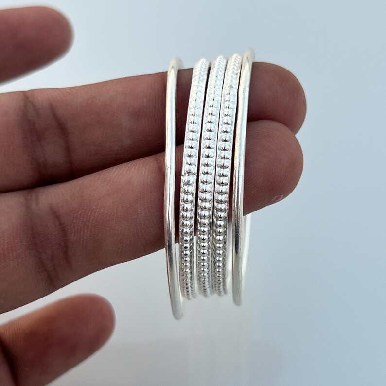 Sterling Silver Stacking Bangles Set: Beaded & Smooth Texture - Etsy