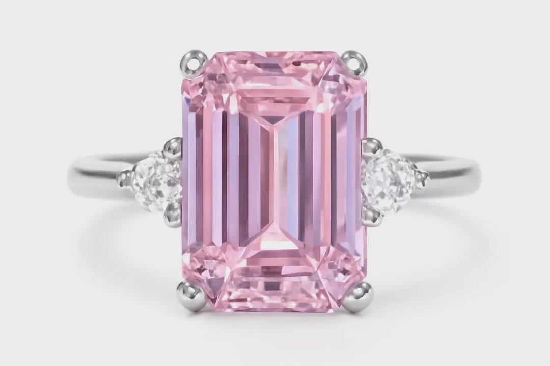 Pink Emerald Cut Ring, Sterling Silver Diamond Accent, Handmade - Etsy