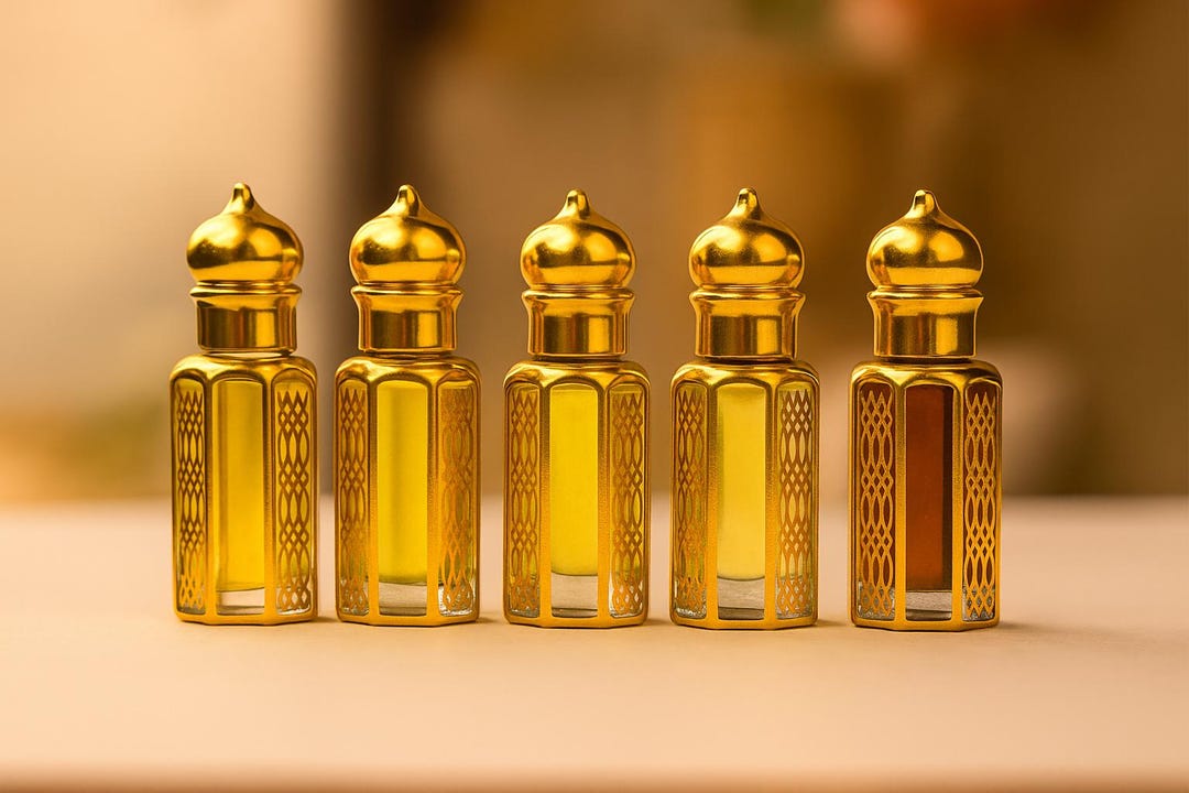 Indian Attar Perfume Oil Gift Set 5 : Kesar Chandan, Mogra, Kashmiri ...
