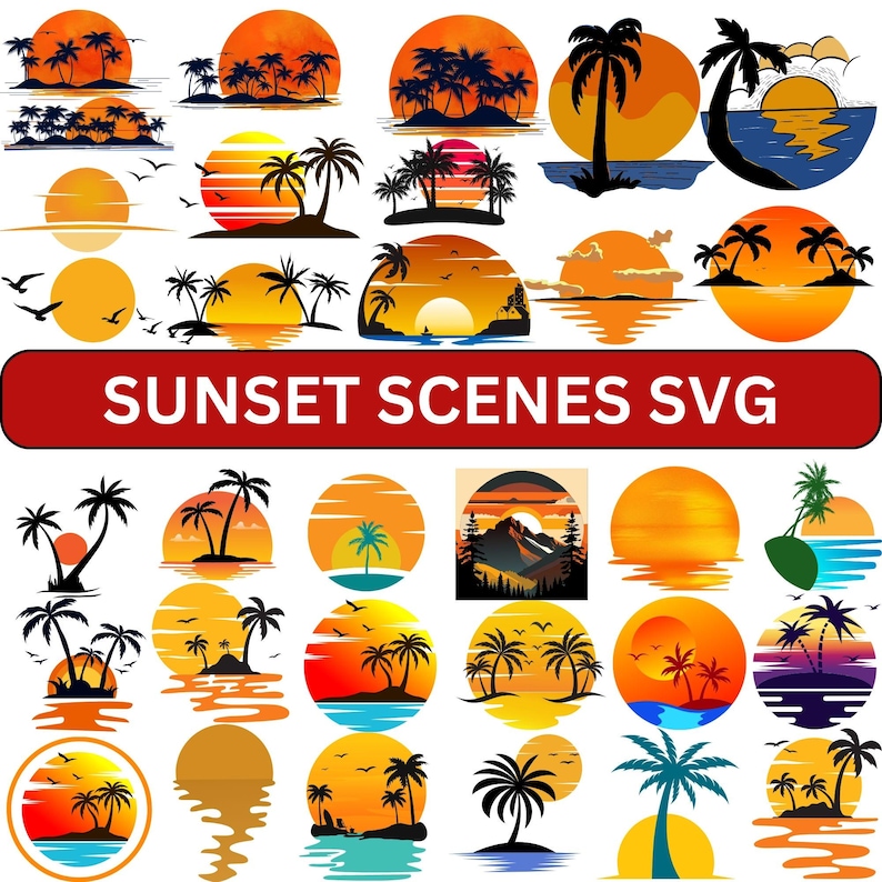 Clipart SVG rétro plage coucher de soleil | Scène de palmier ...