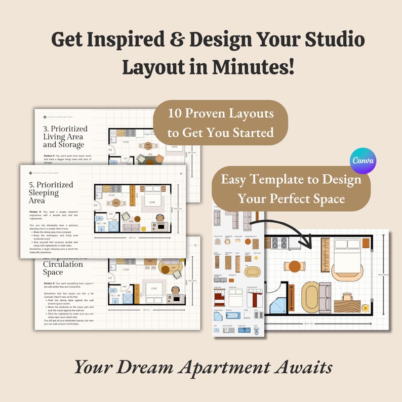 10 Studio Apartment Design Ideas + Editable Floor Plan Template (canva ...