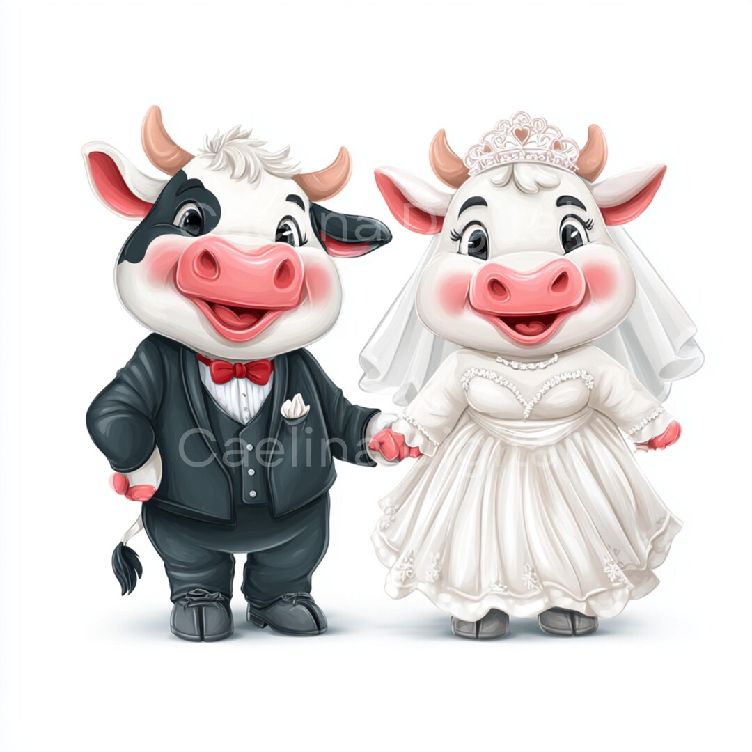 10 Watercolor Wedding Cow Clipart | Cute Bride & Groom Cow PNG ...