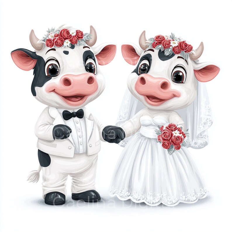 10 Watercolor Wedding Cow Clipart | Cute Bride & Groom Cow PNG ...