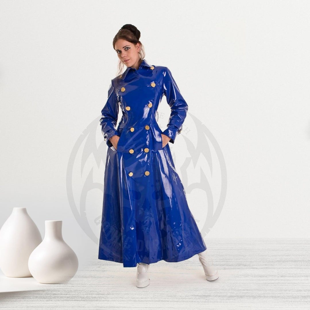 Women Red or Blue PVC Vinyl Long Trench Coat | Glossy Raincoat Emo Goth ...