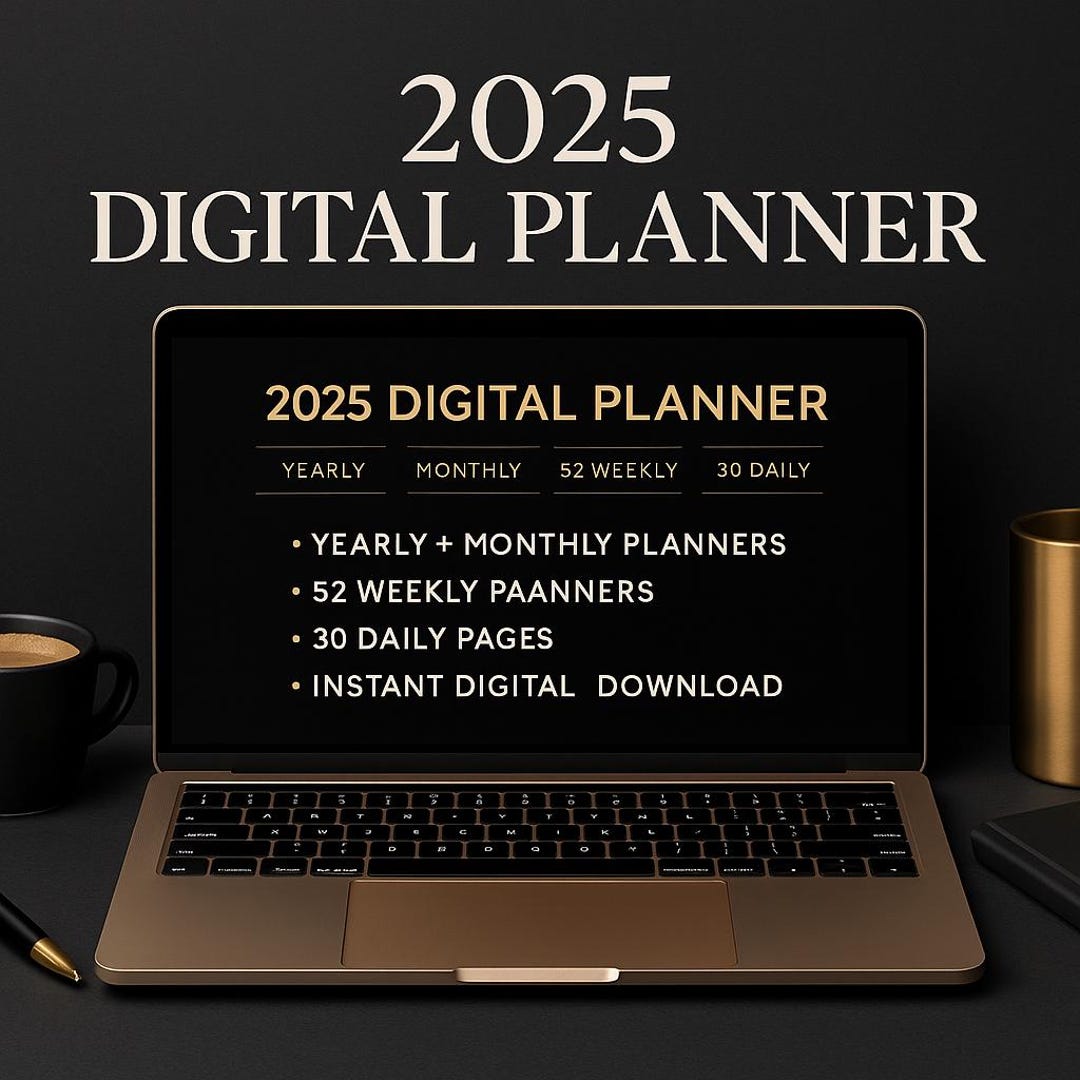 2025 Black Gold Digital Planner: Weekly & Monthly Agenda (PDF Download ...