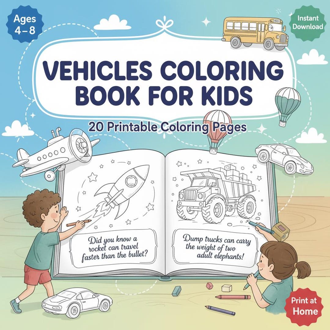 Vehicles Coloring Book for Kids: Fun Facts (PDF Download) - Etsy