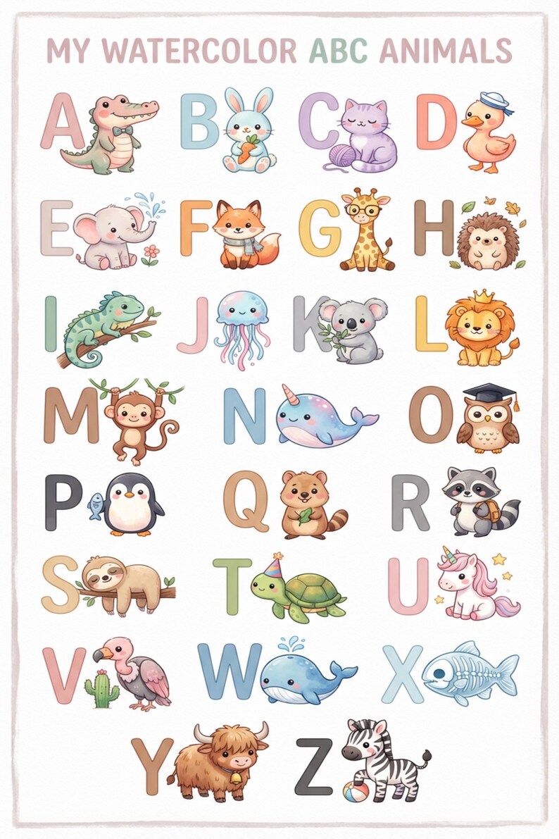 Watercolor ABC Animals Poster | Alphabet Chart for Kids | Baby Room ...
