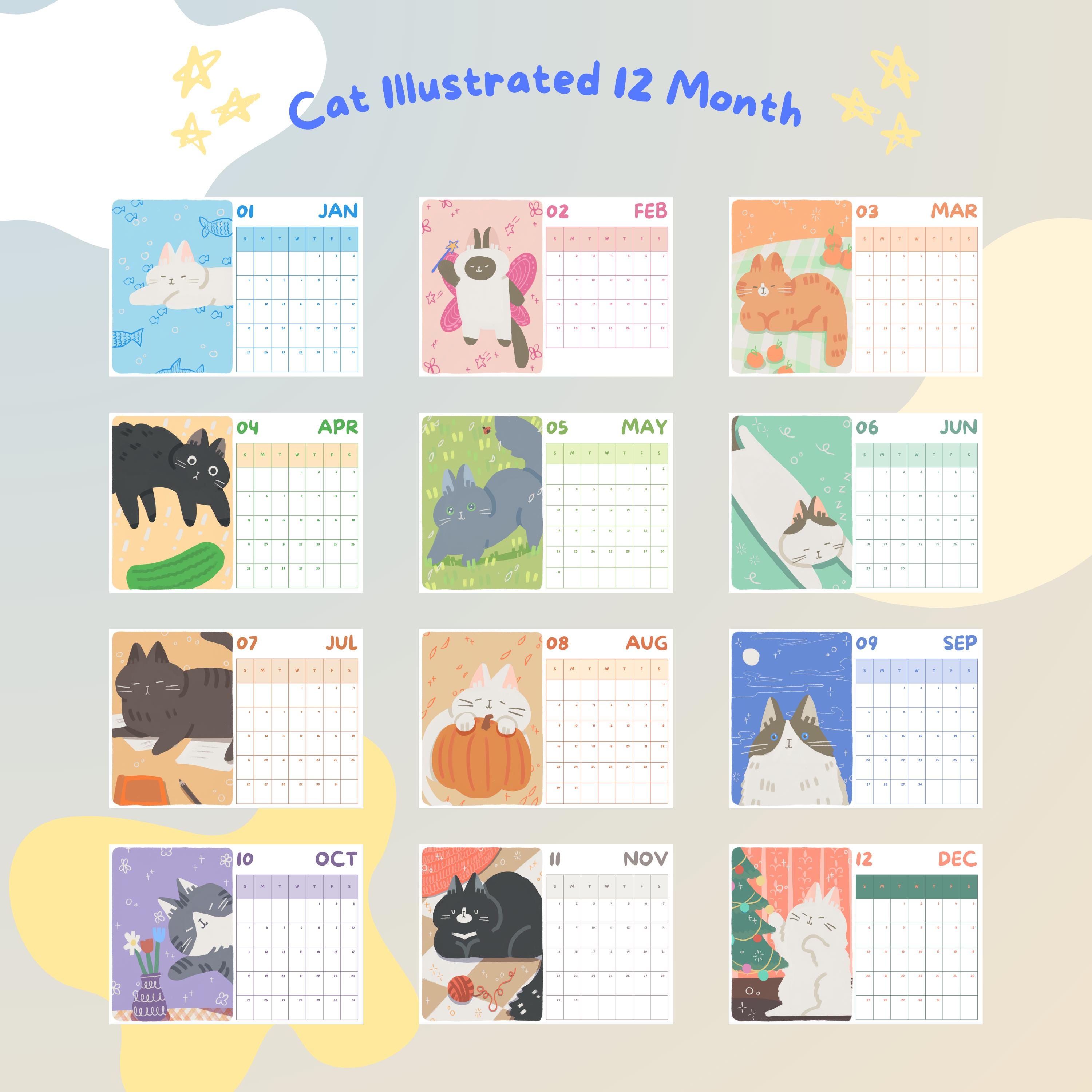 2026 Cat Illustrated Calendar Printable, Monthly Wall Calendar ...