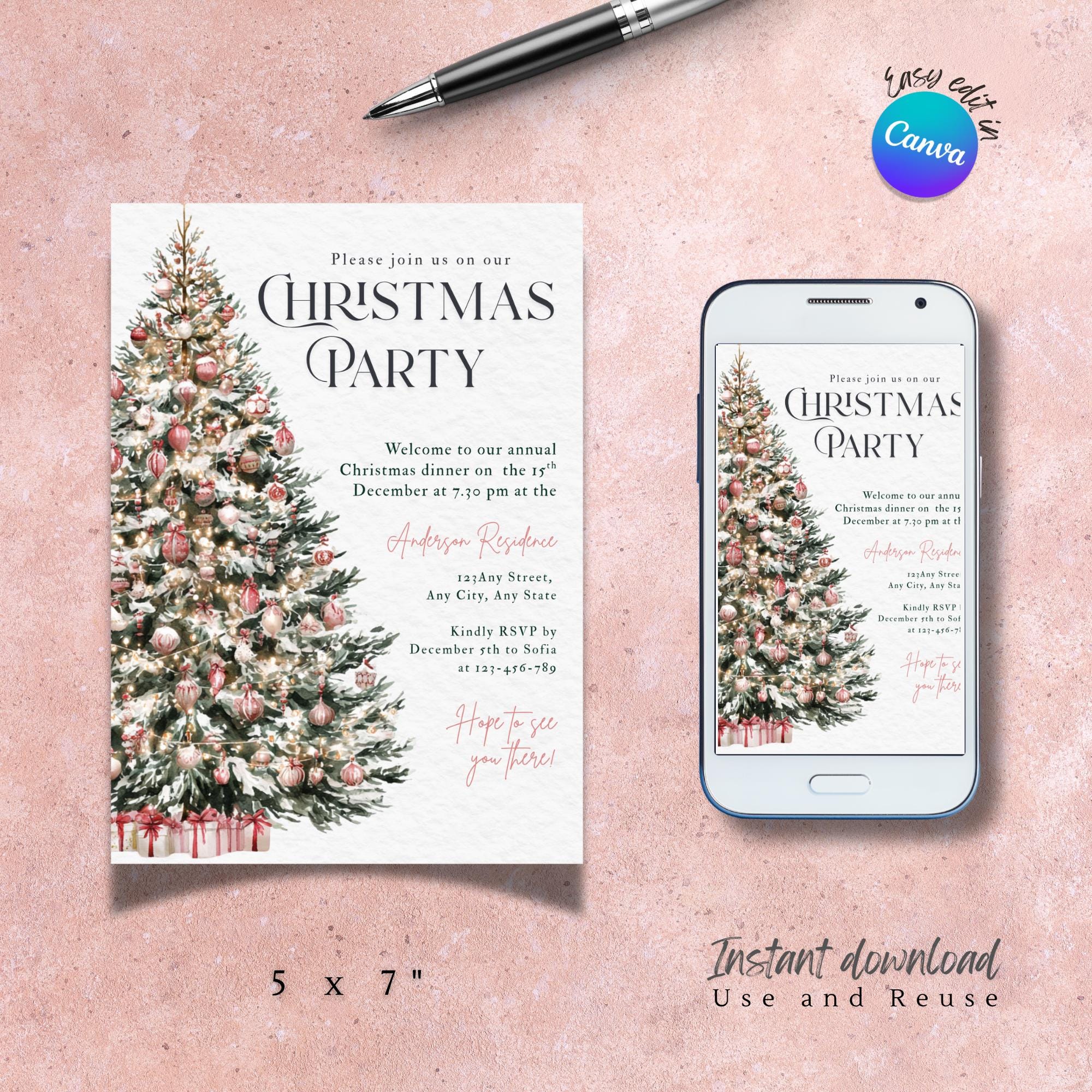 Elegant Christmas Tree Party Invitation | Editable Holiday Dinner ...