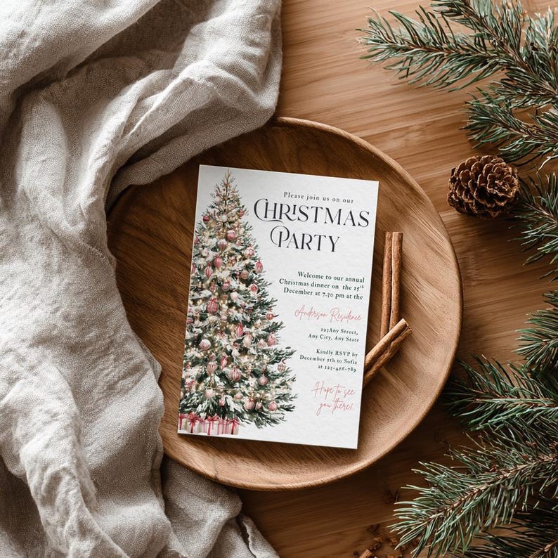 Elegant Christmas Tree Party Invitation | Editable Holiday Dinner ...