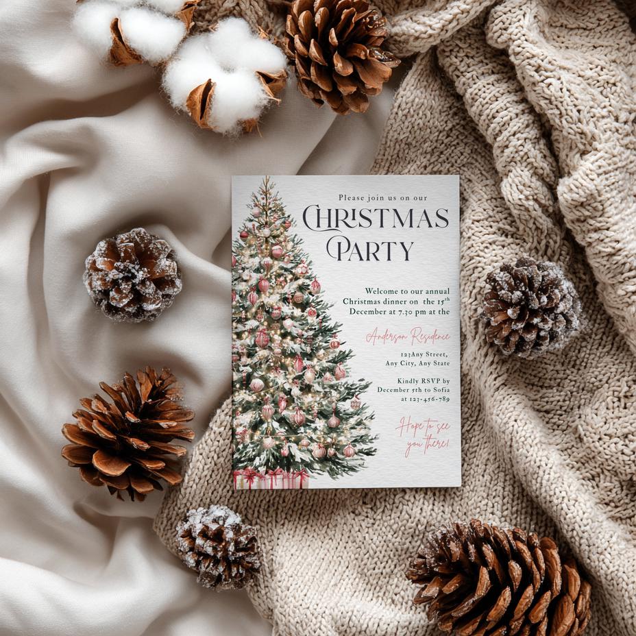 Elegant Christmas Tree Party Invitation | Editable Holiday Dinner ...