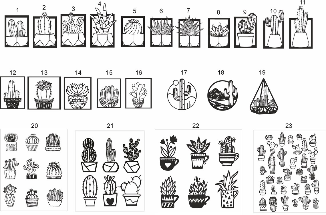 Cactus Set. Cactus Panel. Cactus in Pot Wall Art. Succulent in Pot ...