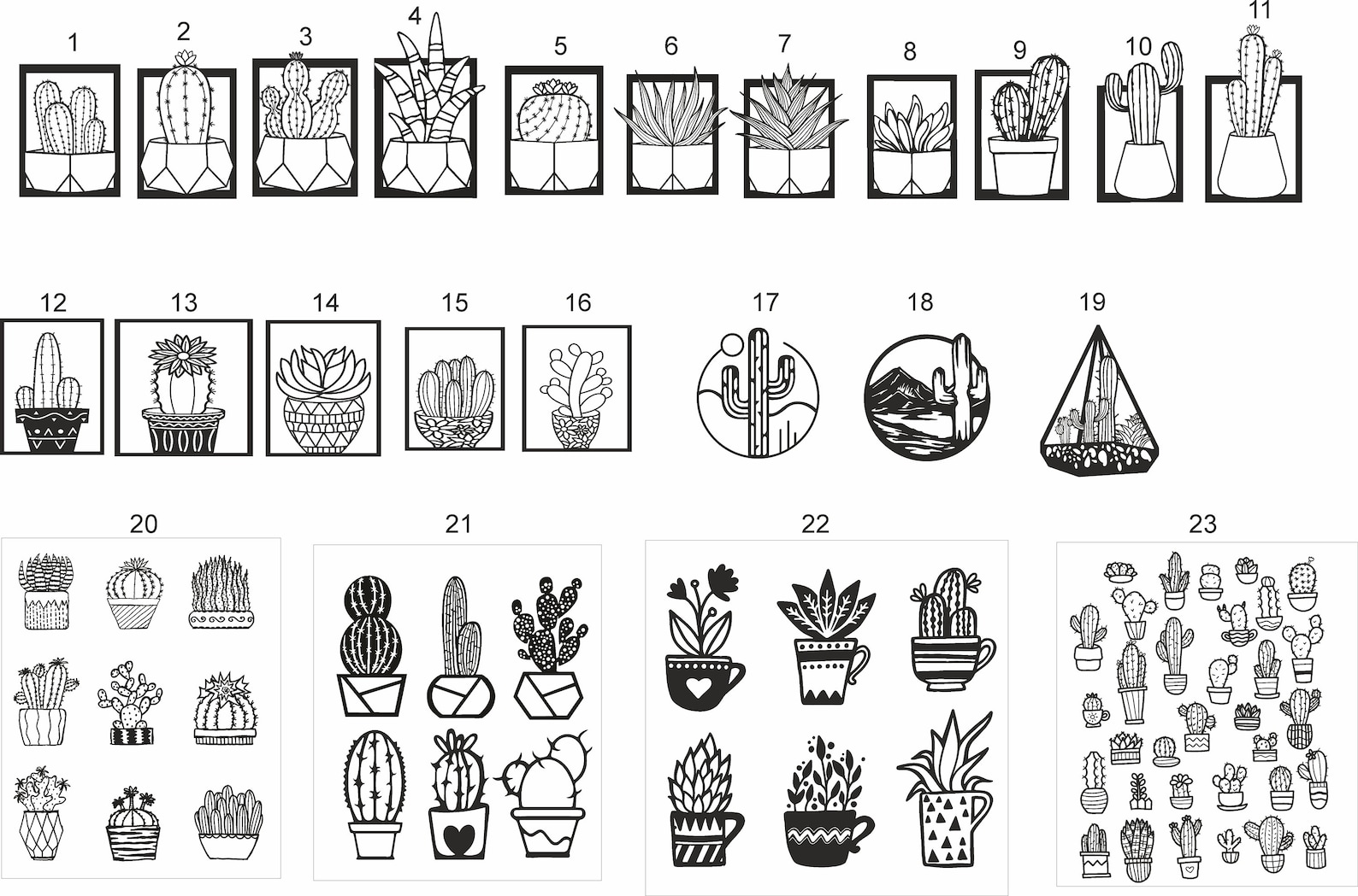Cactus Set. Cactus Panel. Cactus in Pot Wall Art. Succulent in Pot ...