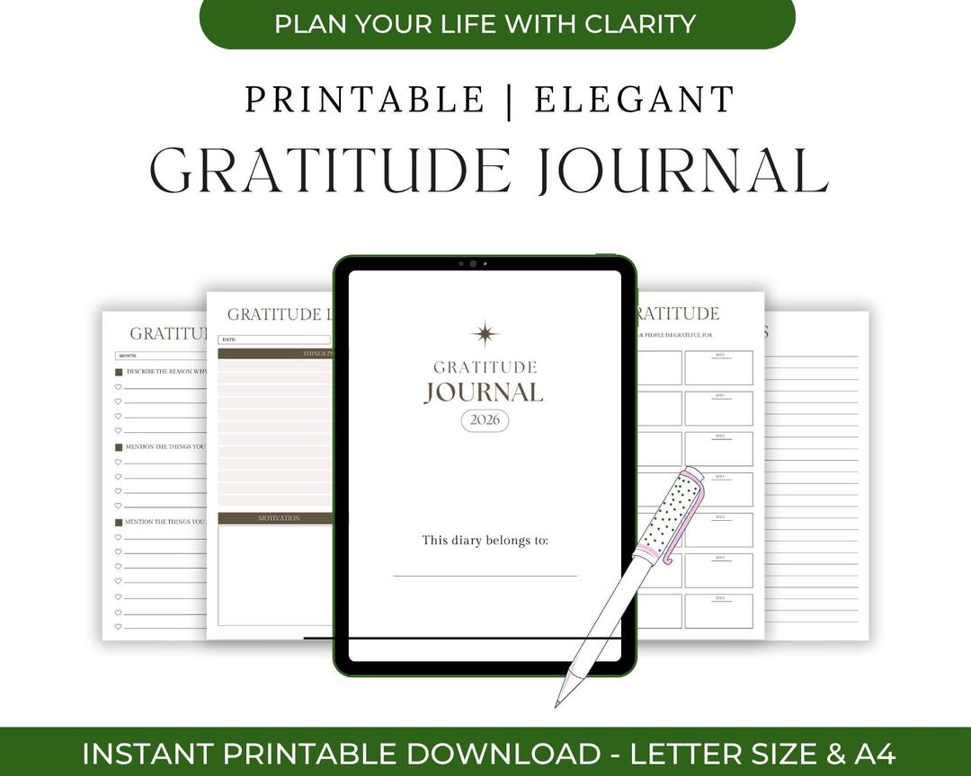 2026 Gratitude Journal, Daily Planner, Mindfulness Prompts (PDF + PNG ...