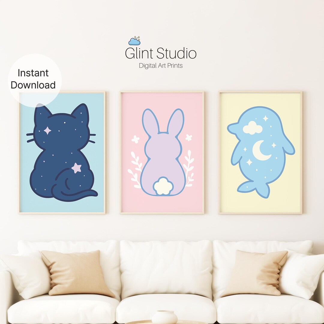 Animal Nursery Art Print Set Printable Wall Art – Cat, Bunny, Dolphin ...