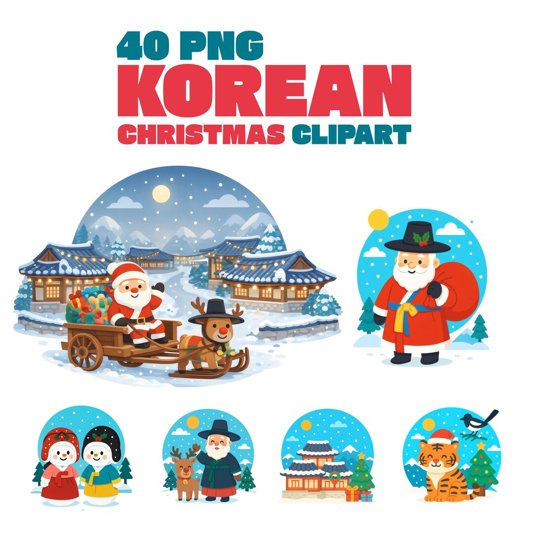 Korean Santa Christmas Clipart, 40 PNG Bundle, Hanbok Santa, Winter ...