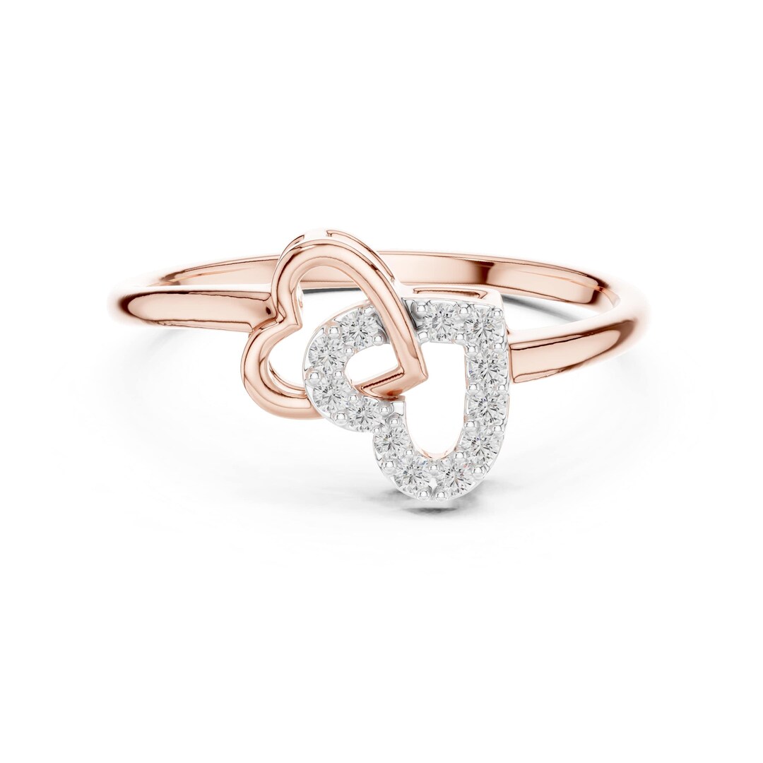 Interlocking Heart Ring, 10K/14K Rose Gold Diamond Pave Ring, Linked ...