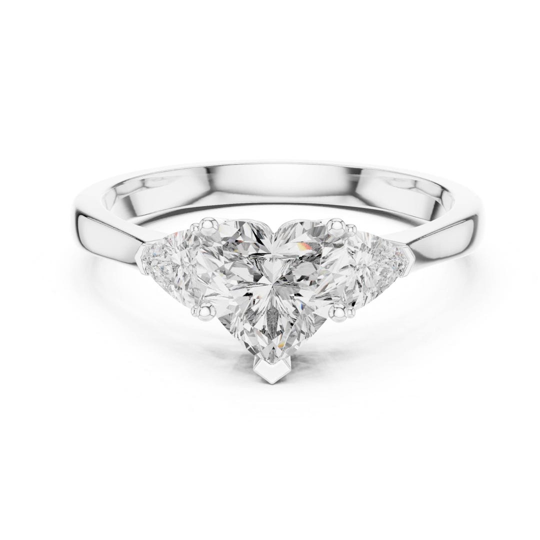 Heart Shaped Trillion Accent Ring, Solid 10k/14k White Gold Three Stone ...