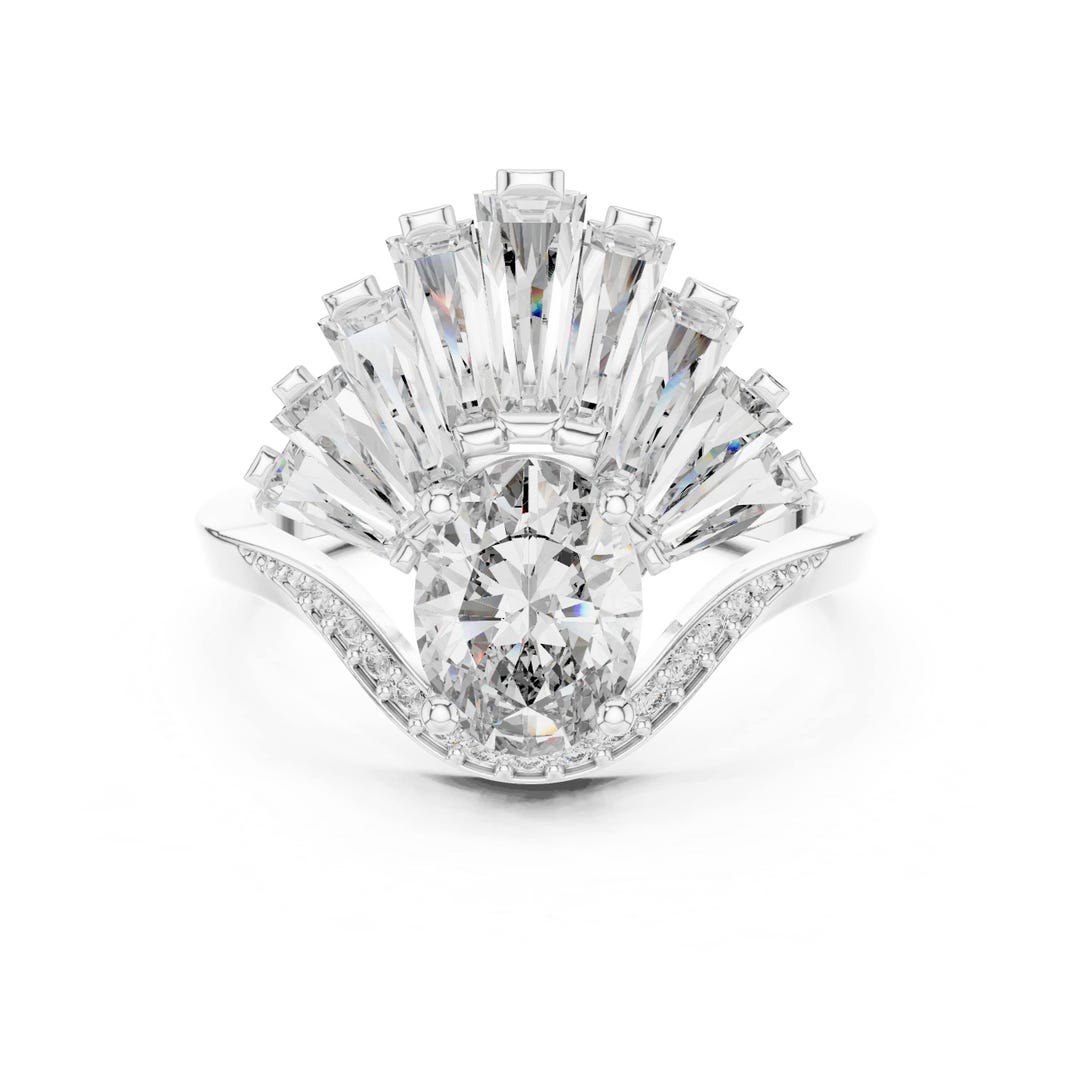 Antique Style Ring, Art Deco Fan Cluster, Oval Diamond Center, Baguette ...