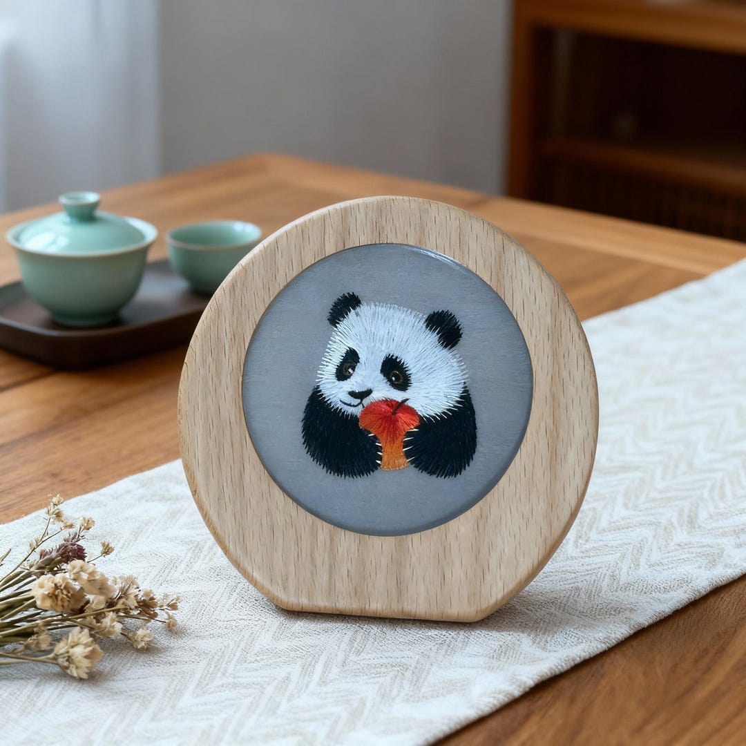 Shu Embroidery Safety Panda With Apple Mini Figurine Handmade Blessing ...