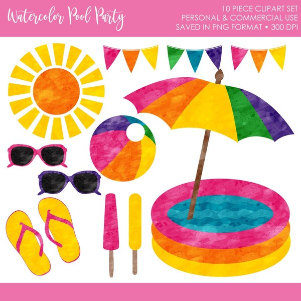 Watercolor Pool Party Clipart - Etsy