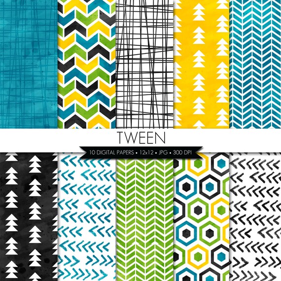 Watercolor Tween Digital Paper,Teal Lime Black Yellow Digital Paper ...