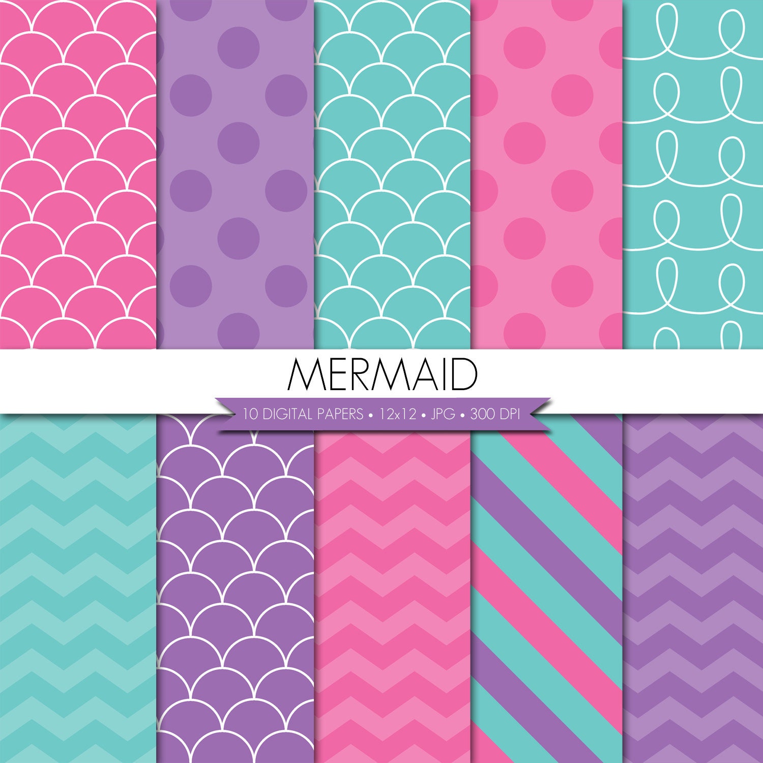 Mermaid Digital Paperpink Purple Aqua Digital Papergirl - Etsy