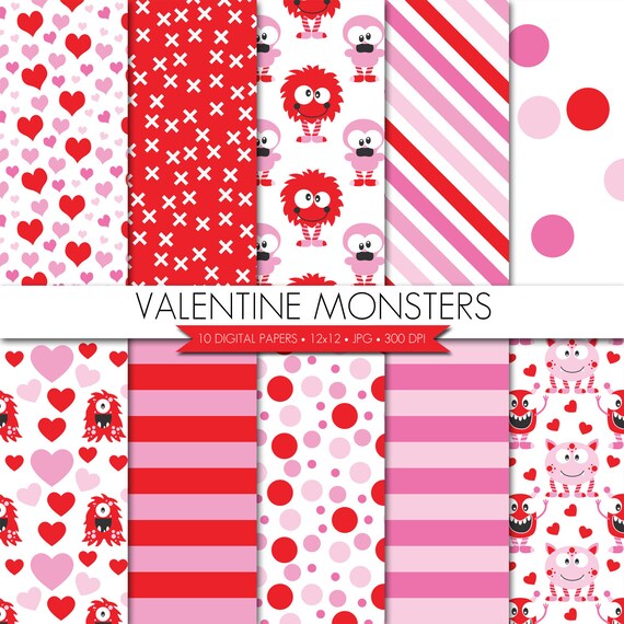 Valentine Monsters Digital Paper,Valentines Day Monsters Digital Paper ...