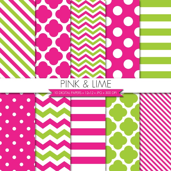 Hot Pink Lime Green Digital Paper,Pink Lime Green Digital Scrapbook ...