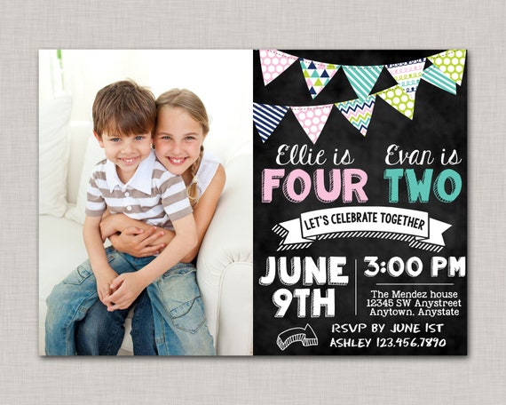 Sibling Birthday Invitation, Boy Girl Birthday Invitation, Chalkboard ...