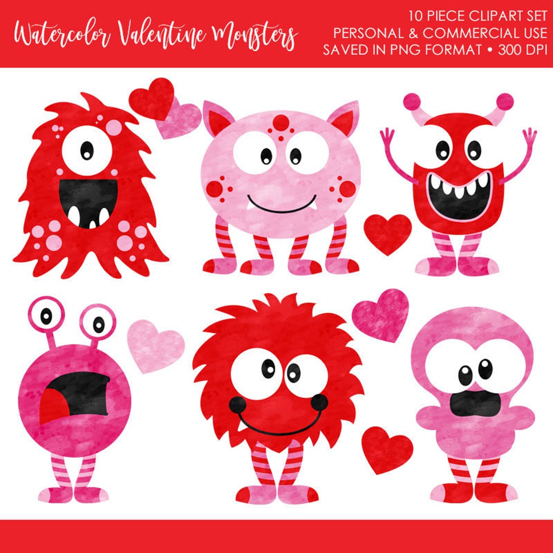 Watercolor Valentine Monster Clip Art,love Monster Clipart,valentine ...